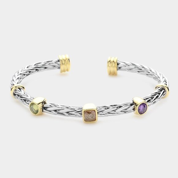 Jewelry | Square Cz Stone Bezel Accented Braided Metal Cuff Bracelet ...